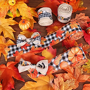 Whaline 30 Yard Fall Thanksgiving Wired Edge Ribbon White Black Buffalo Plaids Ribbon Autumn Leaves Pumpkin Truck Craft Ribbon Rustic Vintage Farmhouse Wrapping Ribbon for Wreath Floral Bow, 4 Rolls
