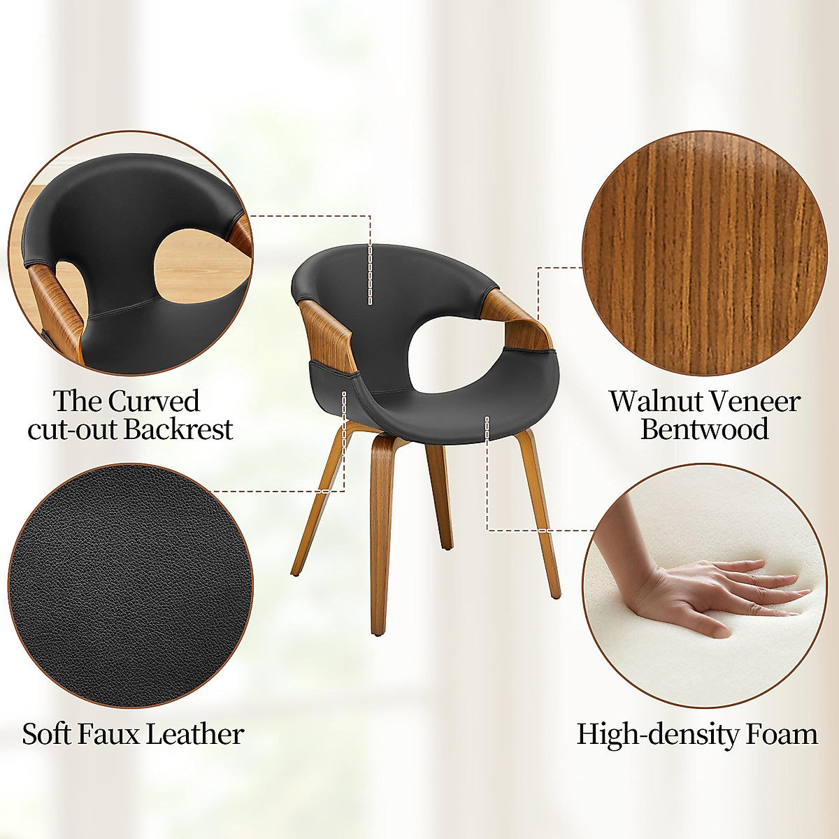 Art Leon Desk Chair No Wheels - Mid Century Modern Chair, Faux Leather Upholstered Office Chair with Wood Legs for Living Room Bedroom, Walnut Bentwood, Black