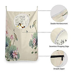 xigua Chinese Watercolor Style Lotus Hanging Laundry Hamper Bag, Hanging Laundry Basket for Holding Dirty Clothes, Space Saving Hanging Laundry Bag with Free Adjustable Steel & Suction Cup Hooks 1PCS