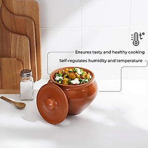 Set of 6 Natural Clay Stoneware Baking Pots with Oven Fork (0.5-Qt each) Stoneware Ramekins with Lids & 1 Oven Fork - 16.9 fl oz (500 ml) - Clay Pots for Cooking, Dutch Oven Pot With Lid