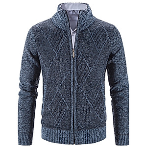 VtuAOL Men's Cardigan Sweater Warm Soft Knit Full Zip Sweater Winter Coat for Men Blue US S