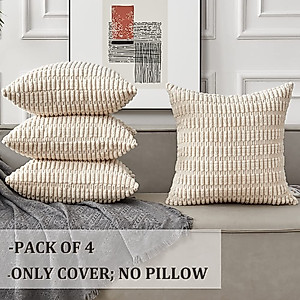 Junfawn Set of 4 Decorative Throw Pillow Covers 18 x 18 for Couch Sofa Bed, Soft Boho Striped Corduroy Cushion Cases for Living Room Decor, Cream White