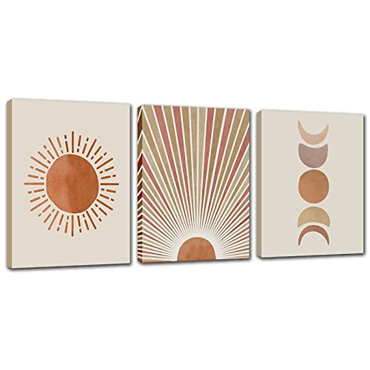 Boho Prints Sun Wall Art - Mid Century Moon Phase Canvas Paintings for Home Decoration Bohemian Framed Abstract Artwork 3PCS 12x16 Inches Pictures for Teens Bedroom Dorm Living Room Bathroom Painting