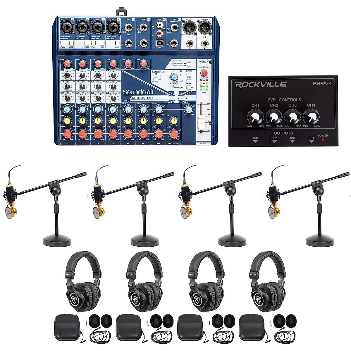Soundcraft 4-Person Podcast Podcasting Recording Kit Mics+Headphones+Boom Stands