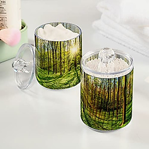 Kigai Beautiful Green Forest Landscape Qtip Holder Dispenser for Cotton Ball, Cotton Swab,Plastic Clear Apothecary Jar, Home Décor Kitchen Storage Jar,2 Pack