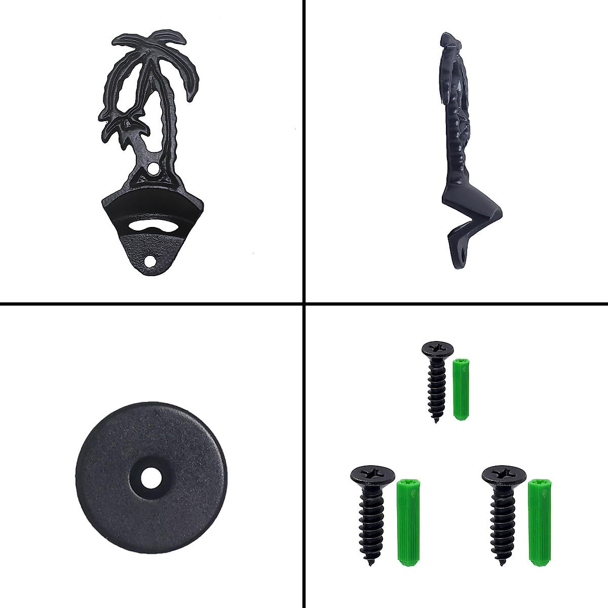 Luwanburg Palm Tree Cast Iron Beer Bottle Opener Wall Mounted with Magnetic Cap Catcher (Black)