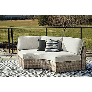 Signature Design by Ashley Outdoor Calworth Curved Patio Wicker Loveseat with Cushion, Beige