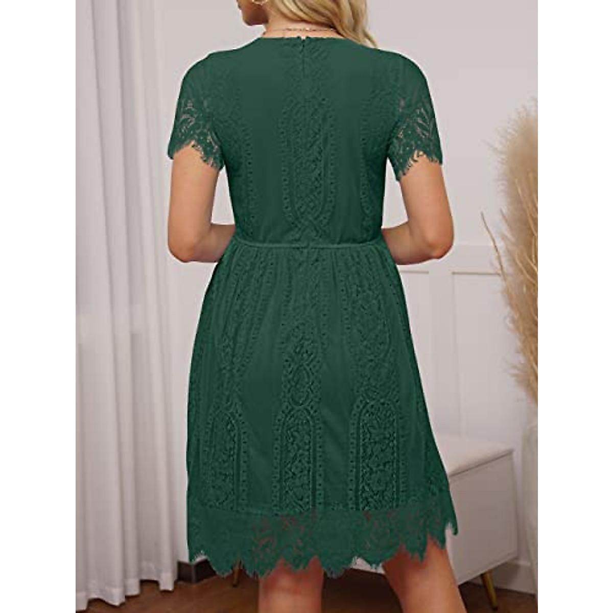 MEROKEETY Women's Short Sleeve Lace Floral Swing Dress Elegant Wedding Guest Bridesmaid Dress, DarkGreen, L