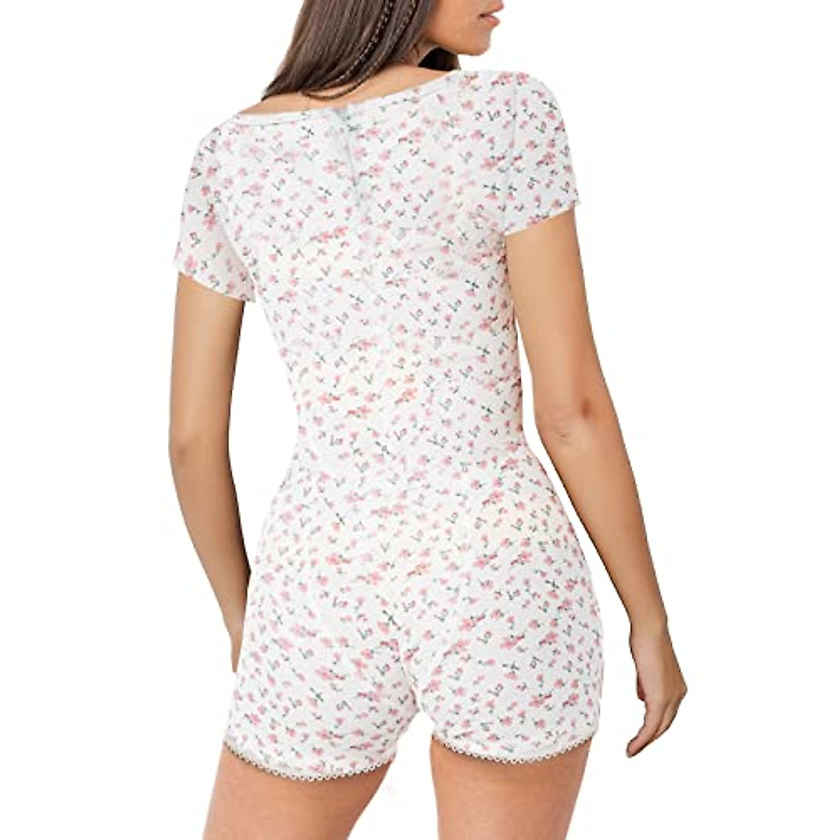 Y2k Long Sleeve One Piece Bodysuit V Neck Bodycon Floral Print Shorts Stretchy Pajama Playsuit Rompers Jumpsuit (Z-Short Sleeve Pink Floral,Medium)