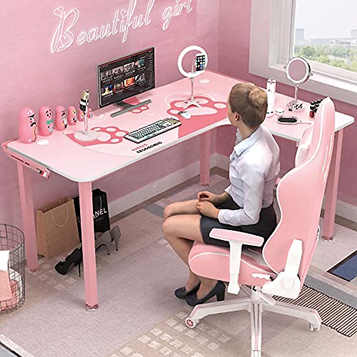 DESIGNA Pink Gaming Desk, 60 inch Pink L Shaped Gaming Desk, with Full Covered Cute Pink Desk mat for Girl Gaming Desk Pink, Easy to Assemble, Right Side