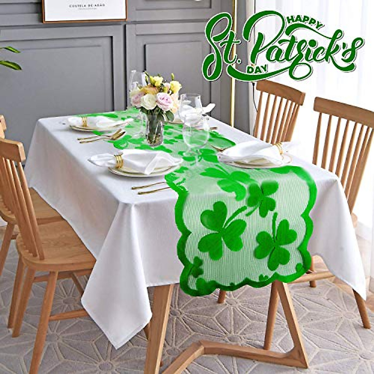 Camlinbo St Patrick's Day Decorations St Patrick's Day Table Runner Green Clovers Print 13x72 Inch Irish Clovers Embroidered Table Runner for Home Irish Party Favor Lucky Day Decoration Table Runner