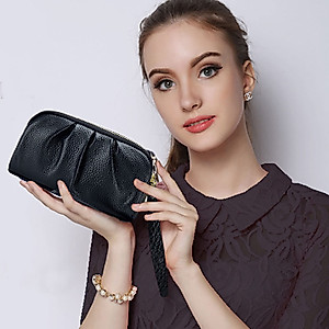 Wristlet Wallets for Women Genuine Leather Wristlet Purses Ladies Ruched Wristlet Clutch Wallet Purses, Black