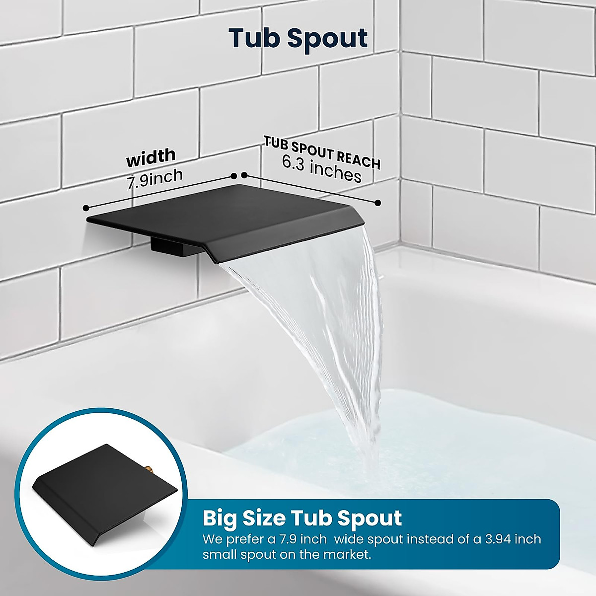 gotonovo 10'' Rain Shower Faucet System Rainfall Shower Head with Handheld Sprayer Waterfall Tub Spout Wall Mounted Mixer Combo Rough-in Valve and Trim Included 7.9 Inch Wide Spout Matte Black