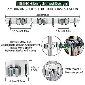 JiGiU Mop and Broom Holder, 1+3 Mop Broom Organizer Set 16 inch Installation Broom Mop Hanger(3 Position 4 Hooks) and 3Pcs Mop Hooks Wall Mounted Self Adhesive Stainless Steel for Garden,Garage