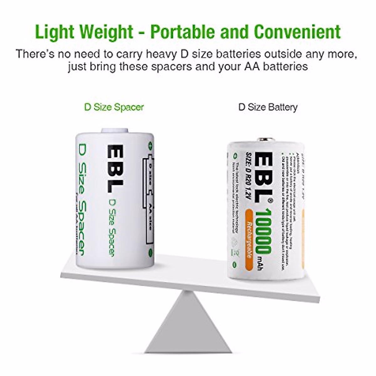 EBL D Size Battery Adapters, AA to D Size Battery Spacer Converter Case Use with Rechargeable AA Battery Cells - 4 Pack