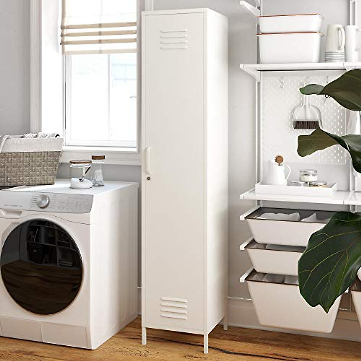 REALROOMS Shadwick 1 Door Tall Single Metal Locker Style Storage Cabinet, Soft White