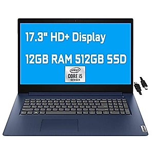 Lenovo IdeaPad 3 Business Laptop 17.3" HD+ Display 10th Gen Intel 4-Core i5-1035G1 (Beats i7-8665U) 12GB RAM 512GB SSD Intel UHD Graphics Fingerprint Dolby Win10 + HDMI Cable