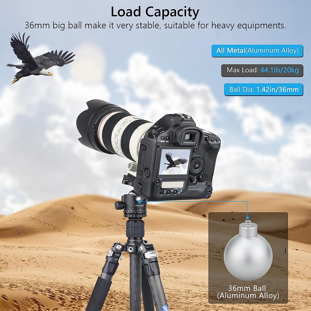Low Profile Tripod Ball Head 36mm Stability Panoramic Tripod Head 360 Rotating Metal Ballhead with 1/4 inch Arca QR Plate for DSLR Cameras Tripods Monopods Camcorder Slider Max Loading 44.1lbs/20kg