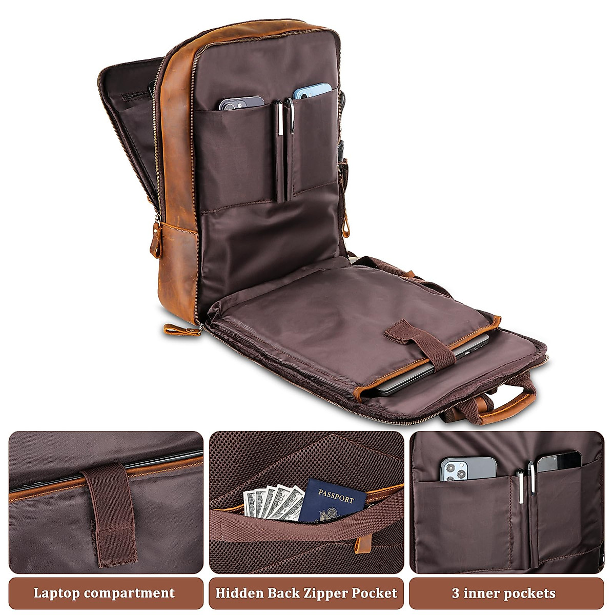 Fshsup Full Grain Leather Backpack 15.6" Laptop Bag Men's Vintage Genuine Leather Business Backpack Travel Hiking Camping Rucksack Overnight Weekender Daypack