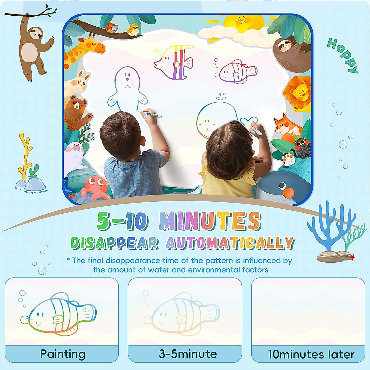 bemece Water Doodle Mat, Aqua Painting Drawing Mat, Mess Free Learning Toy Mat Early Education Gifts for Kids ChildrenToddlers Aged 3 4 5 6 7 Years Old