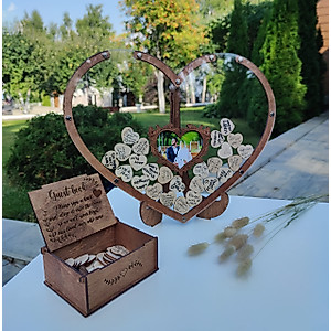 Wedding Guest Book Alternative, Drop Top Frame with Photo, Rustic Wedding, Guest Book Sign, Wooden Box with Hearts - 80 pcs, Shadow Box for Wedding, Baby Shower, Anniversary (Oak-Transparent)