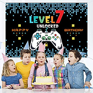 HAMIGAR 6x4ft Happy 7th Birthday Baner Backdrop - Level 7 Unlocked Birthday Decorations Party Supplies for Boys - Blue