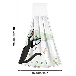 KOCOART Cute Black Cat Kitchen Towels Spring Summer Flower Bathroom Hand Towel Hanging Tie Towel with Loop 2PCS Soft Absorbent Dish Cloth Fingertip Towel for Oven Stove Handle Tabletop