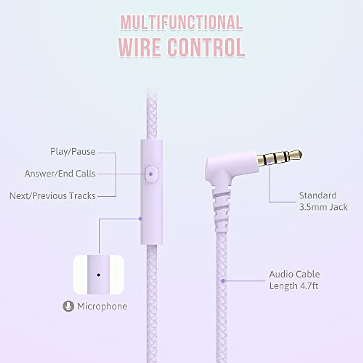 rockpapa L22 On-Ear Headphones with Microphone, Folding Stereo Bass Headphones with 4.9Ft No-Tangle Cord, Portable Wired Headphones for Kids Teens Travel School Smartphone Tablet (Purple)