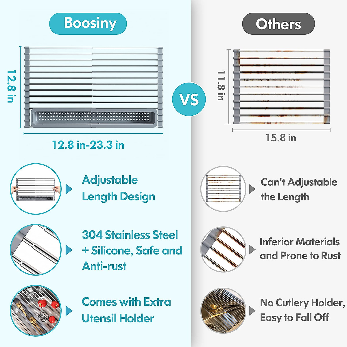 BOOSINY Roll Up Dish Drying Rack, Over The Sink Dryer Rack for Kitchen Counter (12.8"-23.3" x 12.8"), Expandable 304 Stainless Steel Dish Drainer for Inside Sink, Sink Cover with Utensil Holder
