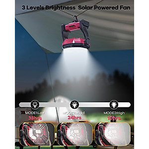 Art In Real 10400mAh Solar Powered Fan, Portable Solar Fan with LED Lantern, Camping Fan with 7W Solar Panel, Stepless Speed Battery Powered Fan for Travel, Camping,Office,Outdoor＆Indoor(Pink)