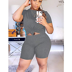 Kaximil Women's 2 Piece Club Outfits Casual Top T Shirt Biker Legging Shorts Set, Medium, Grey