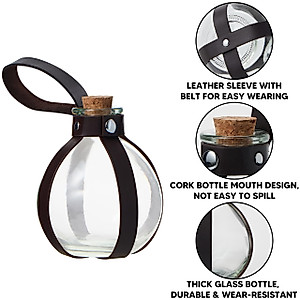 Spooktacular Creations Potion Bottles with Cork, Magic Round Glass Bottles prop with Cork Stopper and Faux Leather holster Loop Accessories for Halloween Mystic Sorcery Witch Costumes Party