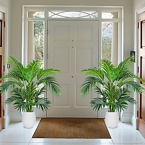 Worth Garden 4ft Artificial Areca Palm Plant 2 Packs in Pot, Fake Cane Palm Silk Tree Indoor Outdoor, Dypsis Lutescens, 47in Lifelike Faux Silk Plant Home Decor, Two Linen Bags & 20g Dry Moss Included