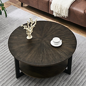MODERION Round Coffee Table with Storage Shelf, Farmhouse Living Room Cocktail Table with Black Metal Legs, Circular Solid Wood Center Tea/ Sofa Table, 35.3''Dx17.8''H, Brushed Black KFZ1338BK