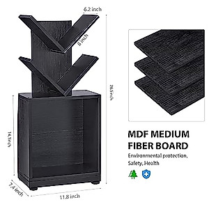 ruboka 2-Shelf Tree Bookshelf with Storage, 26.5-Inch Retro Floor Standing Bookcase Display for CDs/Magazine/Books, Small Bookshelf for Bedroom, Living Room, Office, Black Storage Shelves DESK52B