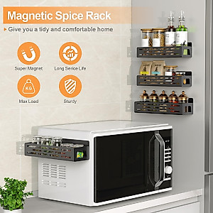 SPACWIS Magnetic Spice Rack Organizer for Refrigerator, 4 Pack Moveable Strong Magnet Spice Shelf, Kitchen Super Magnetic Shelves for Saving Space, Black.