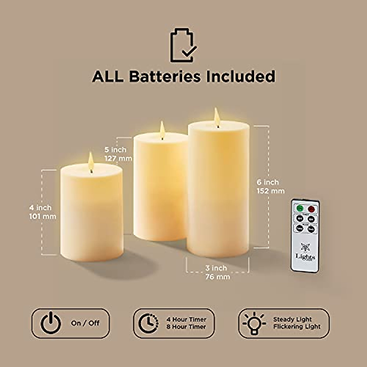 Outdoor Ivory Flameless Candles with Timer: LED Pillar Candle Set of 3, Waterproof Patio Decor, Battery Operated, Remote Control Included, Realistic Flickering Warm White Light - 3x4 3x5 & 3x6