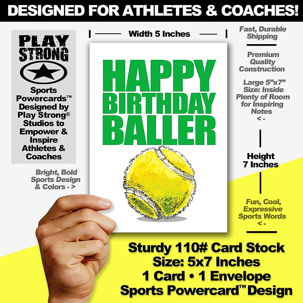 Play Strong Tennis Happy Birthday Baller Birthday Card 1-Pack (5x7) Illustrated Sports Birthday Cards Greeting Cards Awesome for Tennis Players, Coaches and Fans Birthdays, Gifts and Parties!