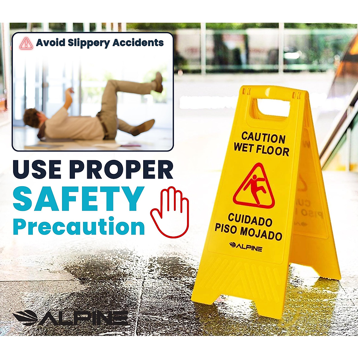 Alpine 24 Inch Caution Wet Floor Sign, High Visibility Yellow Caution Slippery When Wet Sign - Bilingual Safety Warning Sign to Easily Avoid Slippery Accidents in Businesses & High Traffic Areas