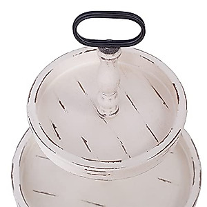 MAONAME Distressed White Tiered Tray, Wooden 2 Tier Tray with Metal Handle, 14.5" x 14.5" x 18", Farmhouse 2 Tier Tray Decor, Rustic Two Tiered Tray for Seasonal Decorations