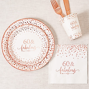 Crisky Rose Gold Foil 60 Fabulous Napkins Plates Cups Set for Women 60th Birthday Party Decorations Supplies, Disposable Tableware Set of 24 (9" Plates, 7" Plates, Luncheon Napkins, 9oz Cups)