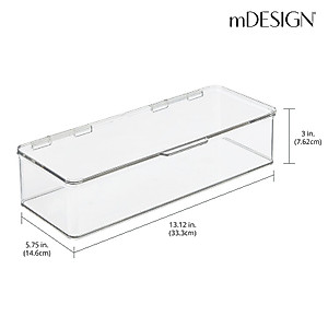 mDesign Long Plastic Kitchen Pantry/Fridge Storage Organizer Box Containers with Hinge Lid for Shelves or Cabinets, Holds Food, Snacks, Seasoning, Condiments, Flatware, Utensils, Clear