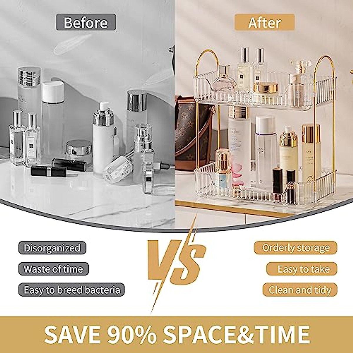 YCIA&DONE Bathroom Organizer Countertop 2 Tiers, Makeup Organizer Counter Storage, Skincare Cosmetics Shelf, Perfume Holder for Vanity Tray, Kitchen Organizers and Storage(Clear White)