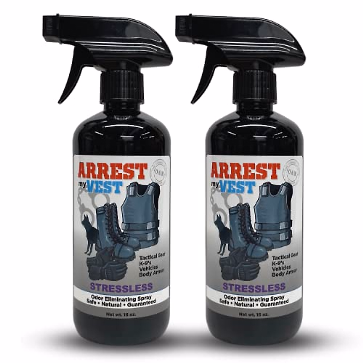 Arrest My Vest Military and Police Grade Odor Eliminating Spray for Body Armor Odor, Tactical Gear. Safe on K9's. Safe on All Ballistic Vests and Fabrics - New Stressless Fragrance - 2 16 oz Bottles
