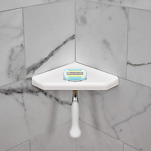 Questech Decor Corner Shower Footrest, Shower Shaving Shelf for Inside Shower Tiled Walls, Bathroom Shower Corner Storage, 5 Inch Corner Shelf Shower Caddy Geo Flatback, Bright White Polished