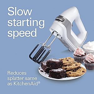 Hamilton Beach Professional 7-Speed Digital Electric Hand Mixer with High-Performance DC Motor, Slow Start, Snap-On Storage Case, SoftScrape Beaters, Whisk, Dough Hooks, White (62656)