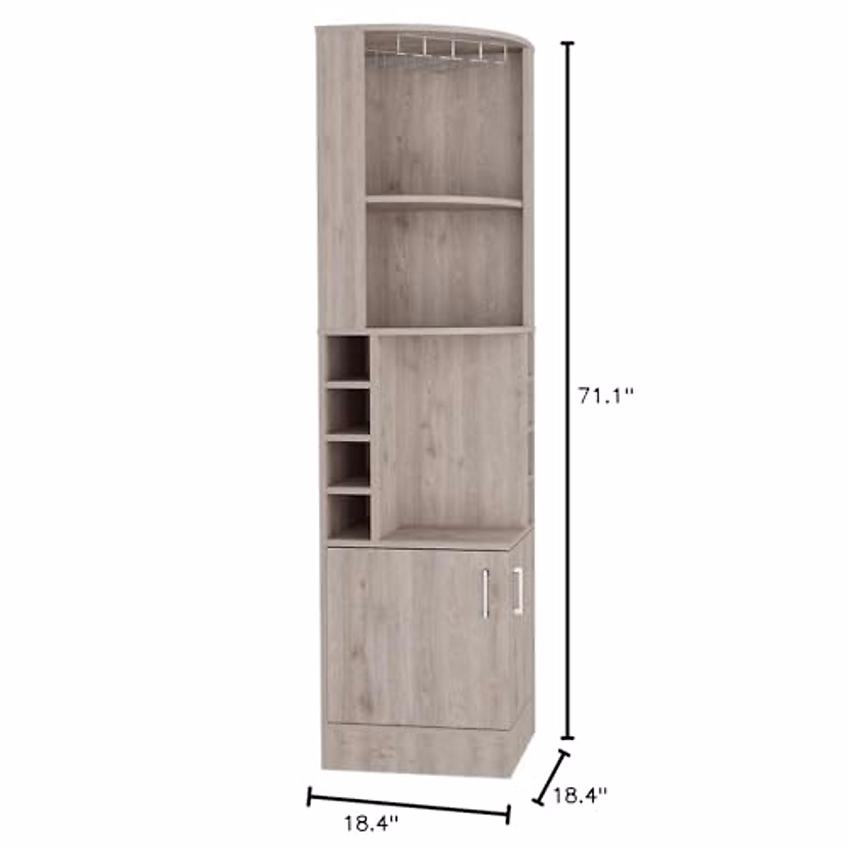DEPOT E-SHOP Egina Corner Bar Cabinet with Two External Shelves, Glass Holder, Eight Exterior Bottle Racks, Central Shelf, Lower Drawer with Two Side Doors, 71" H, Light Gray, Living Room