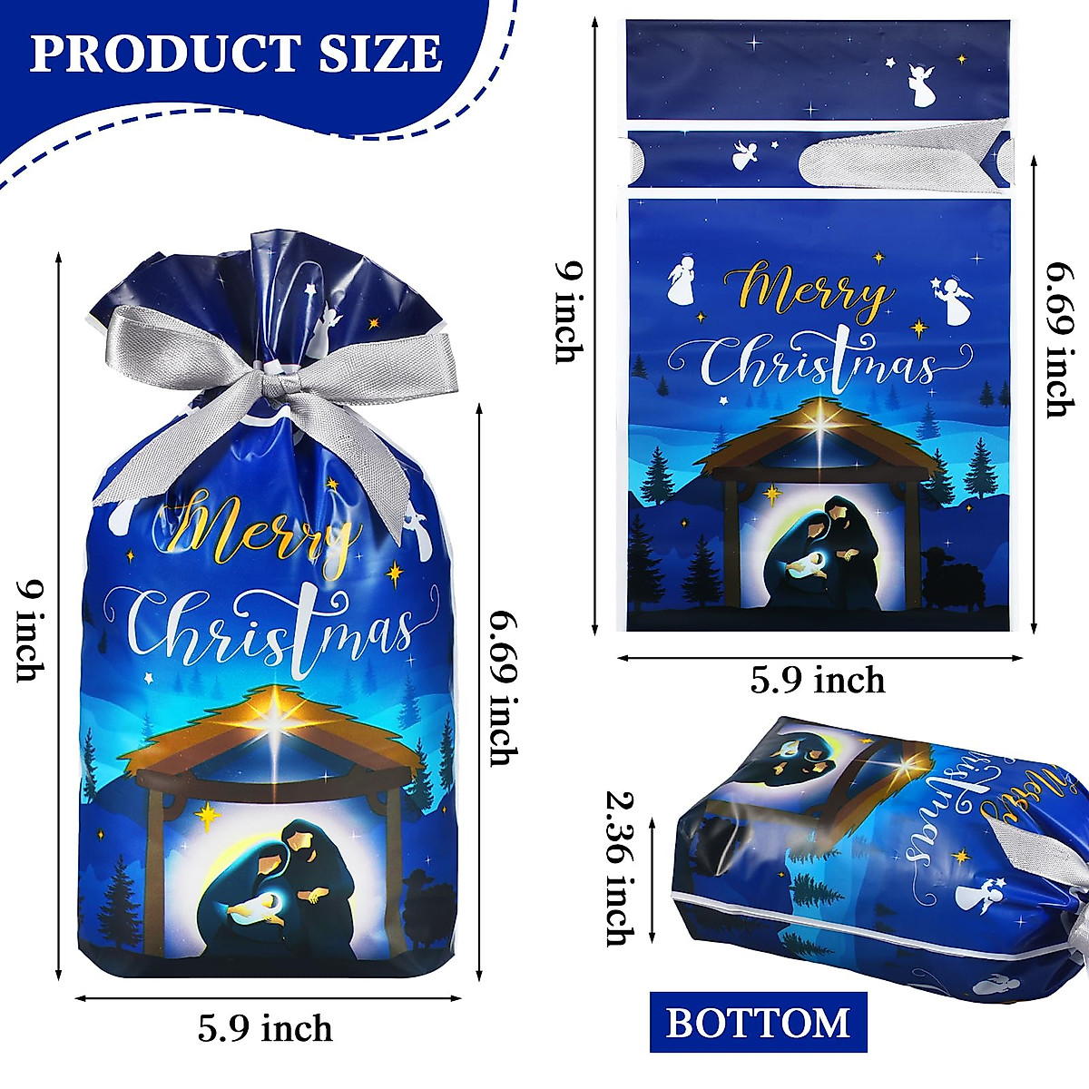 Funrous 50 Pcs Christmas Nativity Gift Bags Christmas Drawstring Plastic Bag Bulk Religious Gift Bags with Ties Xmas Holy Gift Wrapping Sacks for Birthday Party Treat Candy Goody Christmas Presents