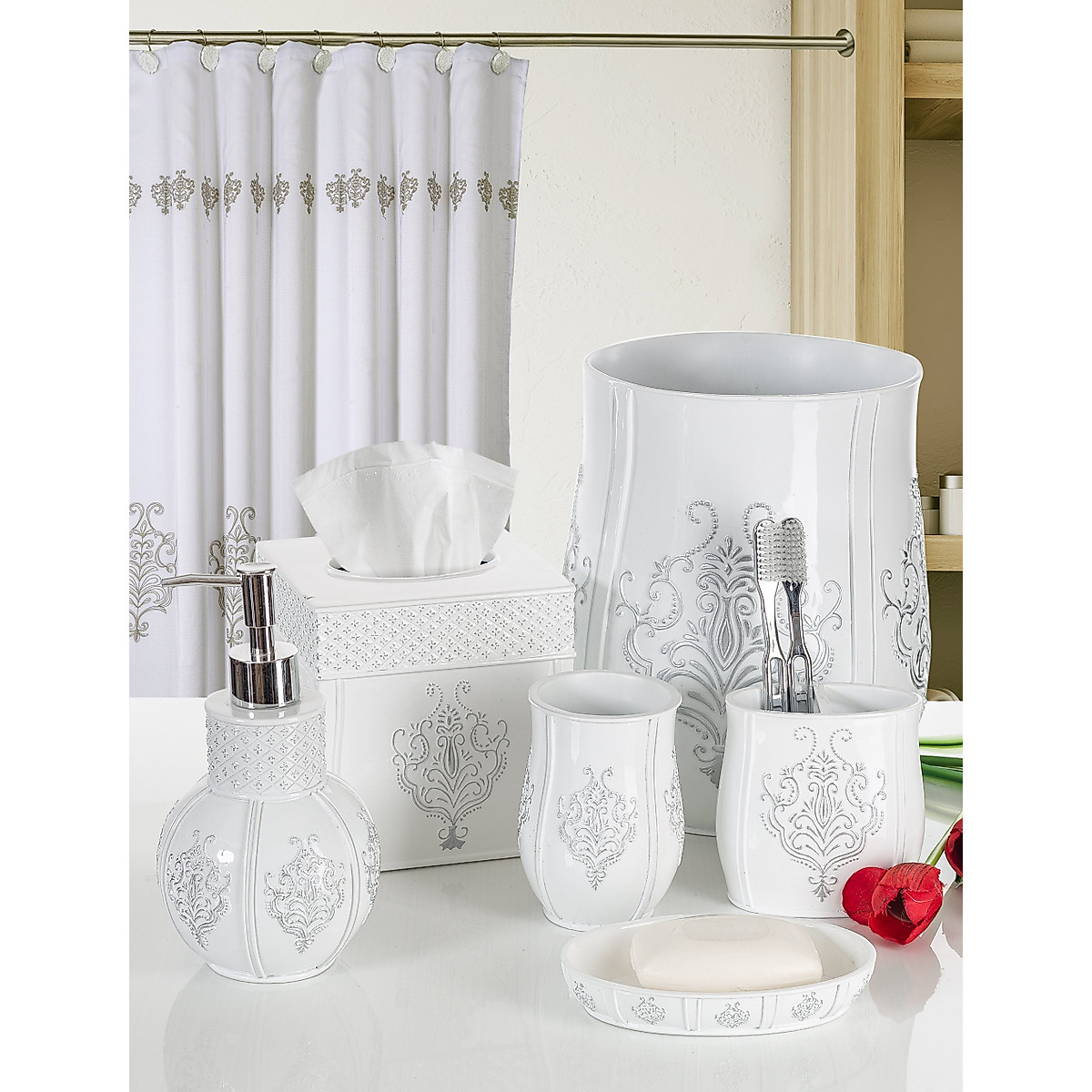 Creative Scents Bathroom Accessories Set - 4 Piece Vintage White Bathroom Set - Farmhouse French Country Bathroom Accessory Set Features: Soap Dispenser, Toothbrush Holder, Tumbler & Soap Dish