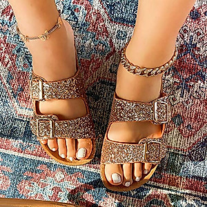 ANNA Glory Women's Slide Sandals Cork Footbed Double Buckle Rose Gold Glitter 7.5